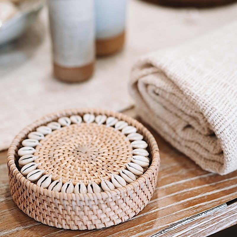 Cowry Shell Wicker Coasters Set with Matching Holder" - Tres Noosa